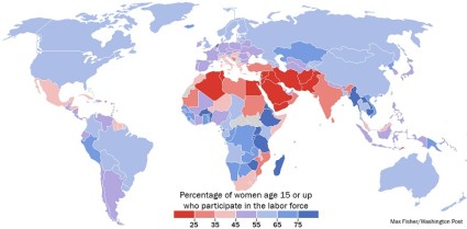 A Map Of Female Labor Force Participation Around The World: 25% Or Less ...